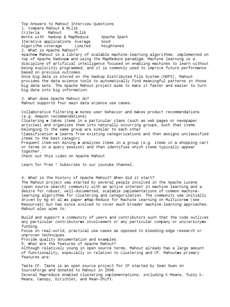 Top Answers to Mahout Interview Questions | PDF | Apache Hadoop | Apache Spark