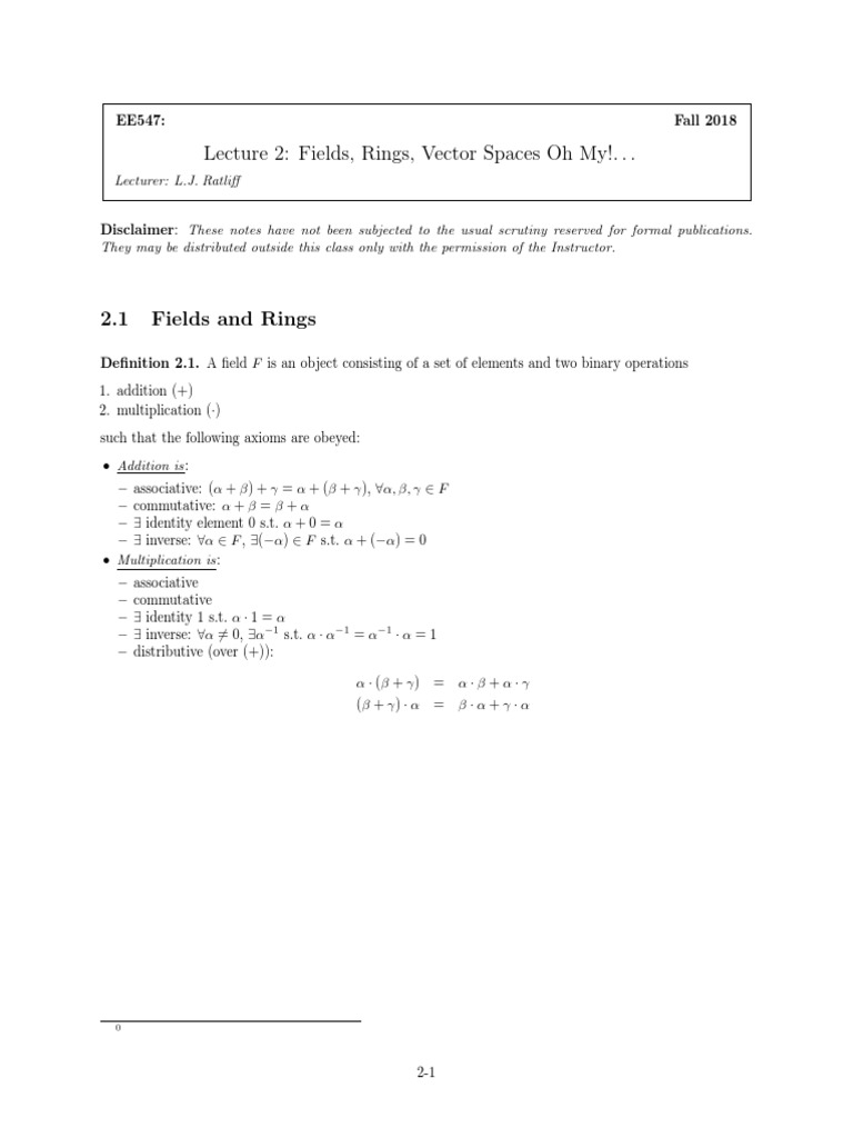 Lecture 2: Fields, Rings, Vector Spaces Oh My!. . | PDF | Linear ...