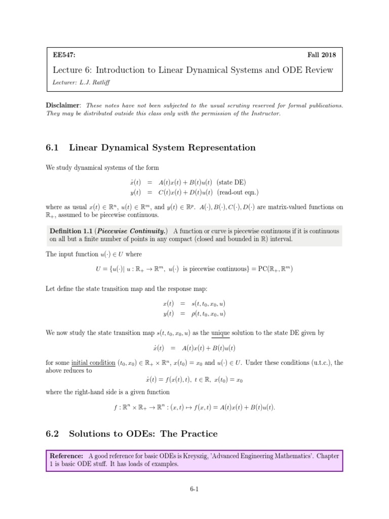 Lecture 6: Introduction To Linear Dynamical Systems and ODE Review | PDF | Ordinary Differential ...