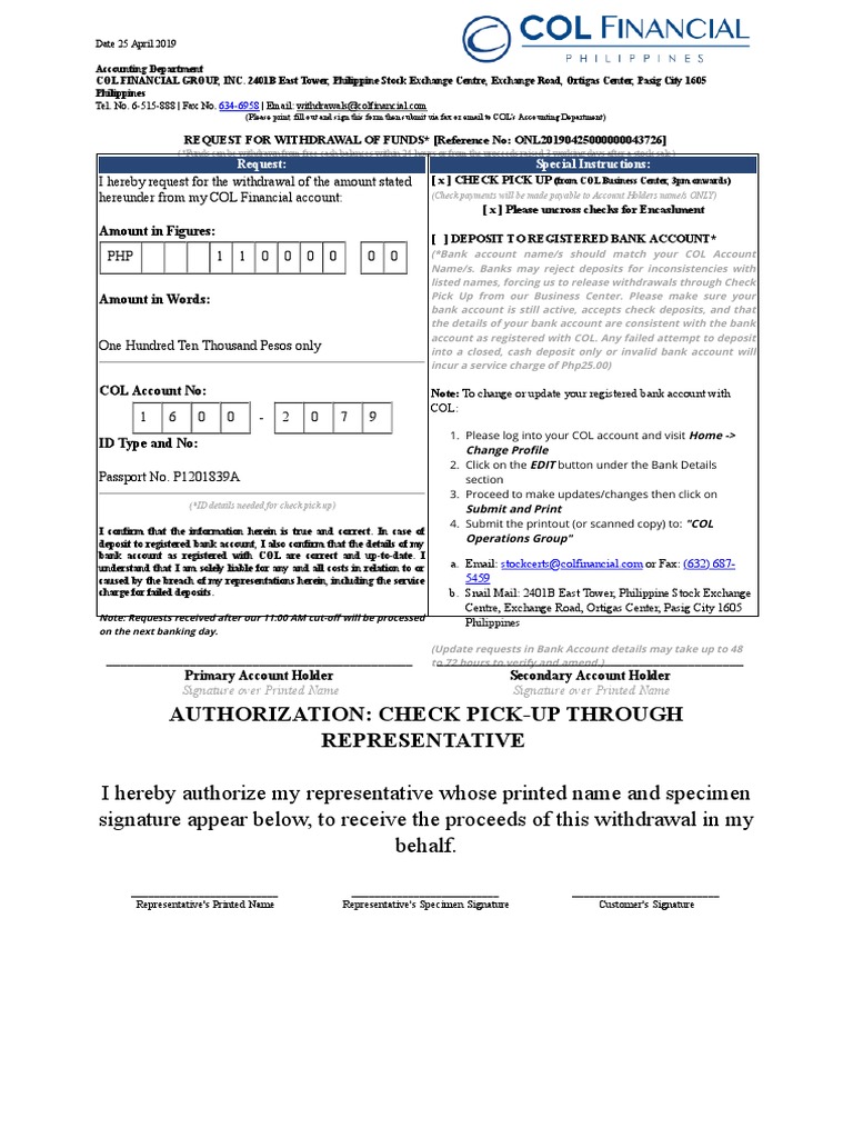 Authorization: Check Pick-Up Through Representative | PDF | Cheque ...