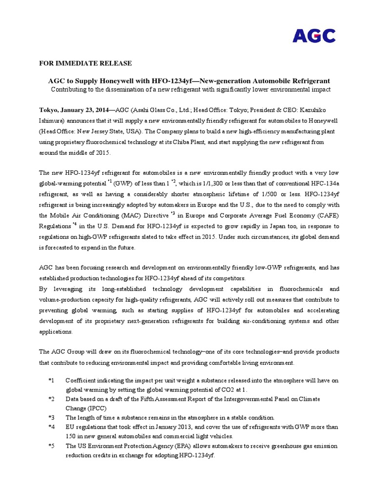 AGC to Supply Honeywell with Environmentally-Friendly Automobile ...