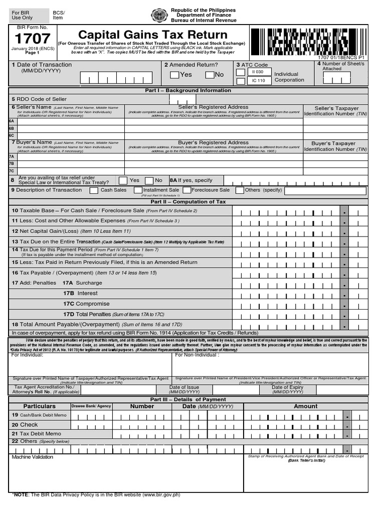 Bir Form 1707 CGT Car | PDF | Taxpayer | Taxes Bir Form 1707 CGT Car | PDF | Taxpayer | Taxes