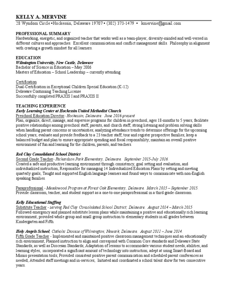 Kelly Mervine Resume | PDF | Delaware | Teachers