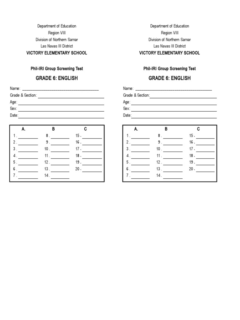 Phil-Iri Answer Sheets | PDF