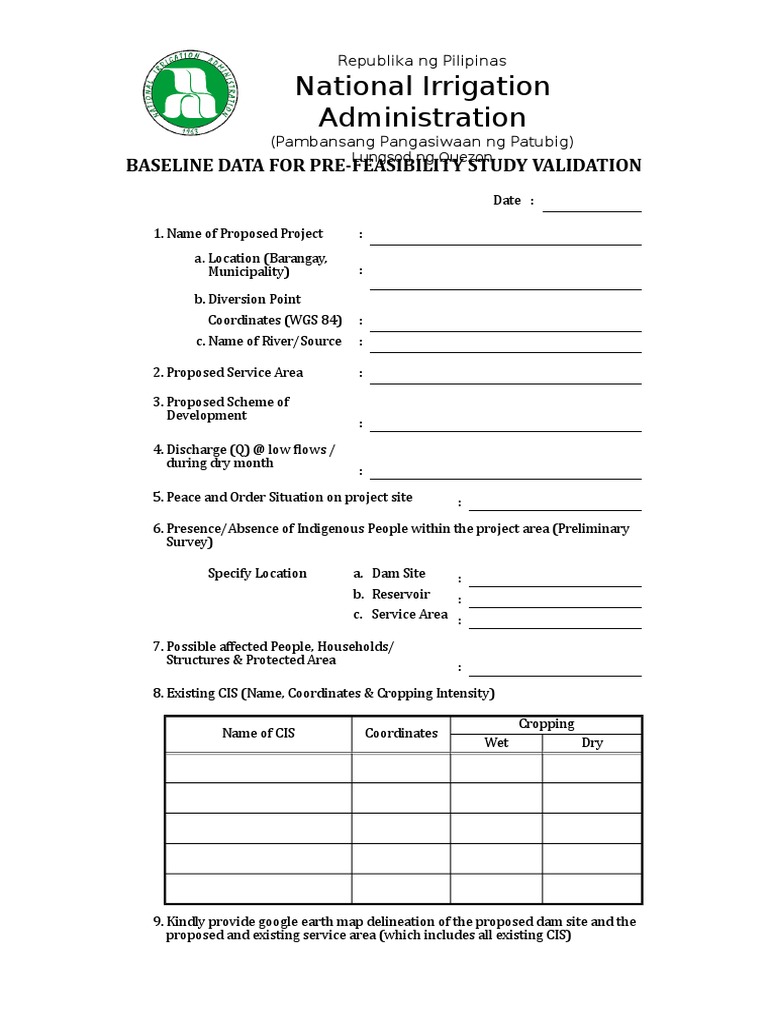 National Irrigation Administration: Baseline Data For Pre-Feasibility ...