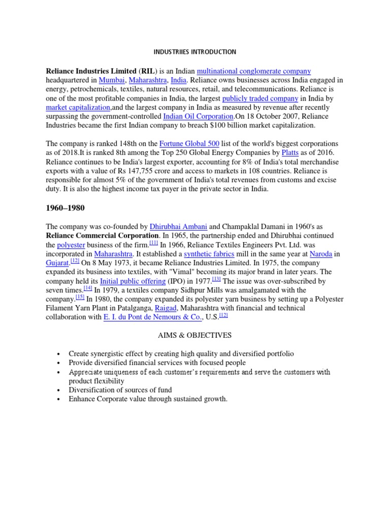 Reliance Industries Overview & CSR | PDF | Business | Energy And Resource