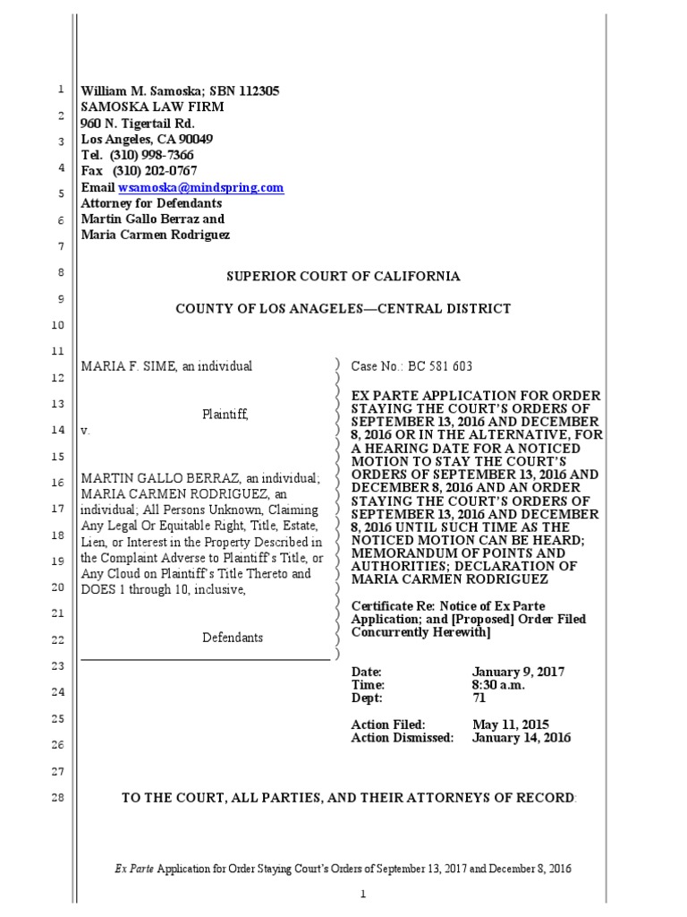 Ex Parte Application To Stay Enforcement of Judgment | PDF | Ex Parte ...