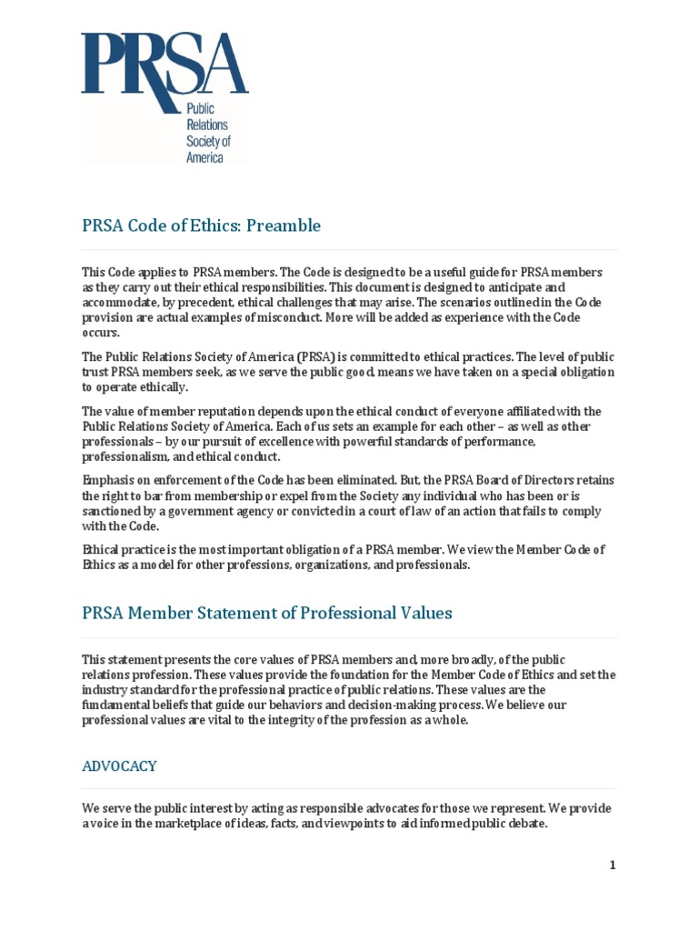Code of Ethics - PRSA | PDF | Public Relations | Profession