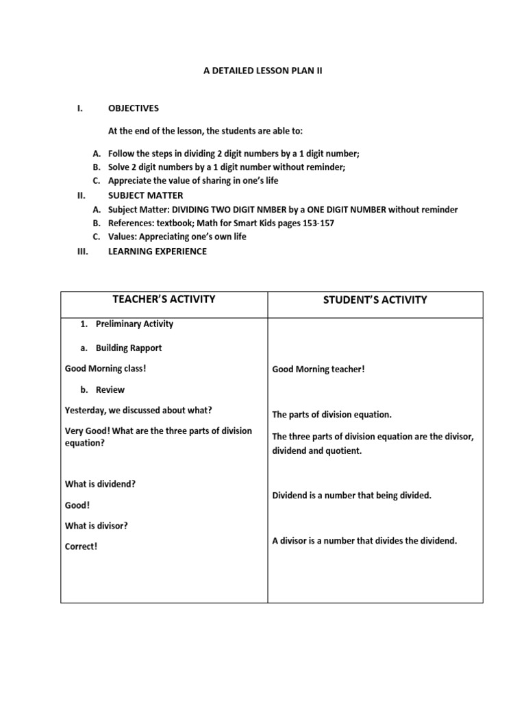 A Detailed Lesson Plan Pdf Division Mathematics Arithmetic