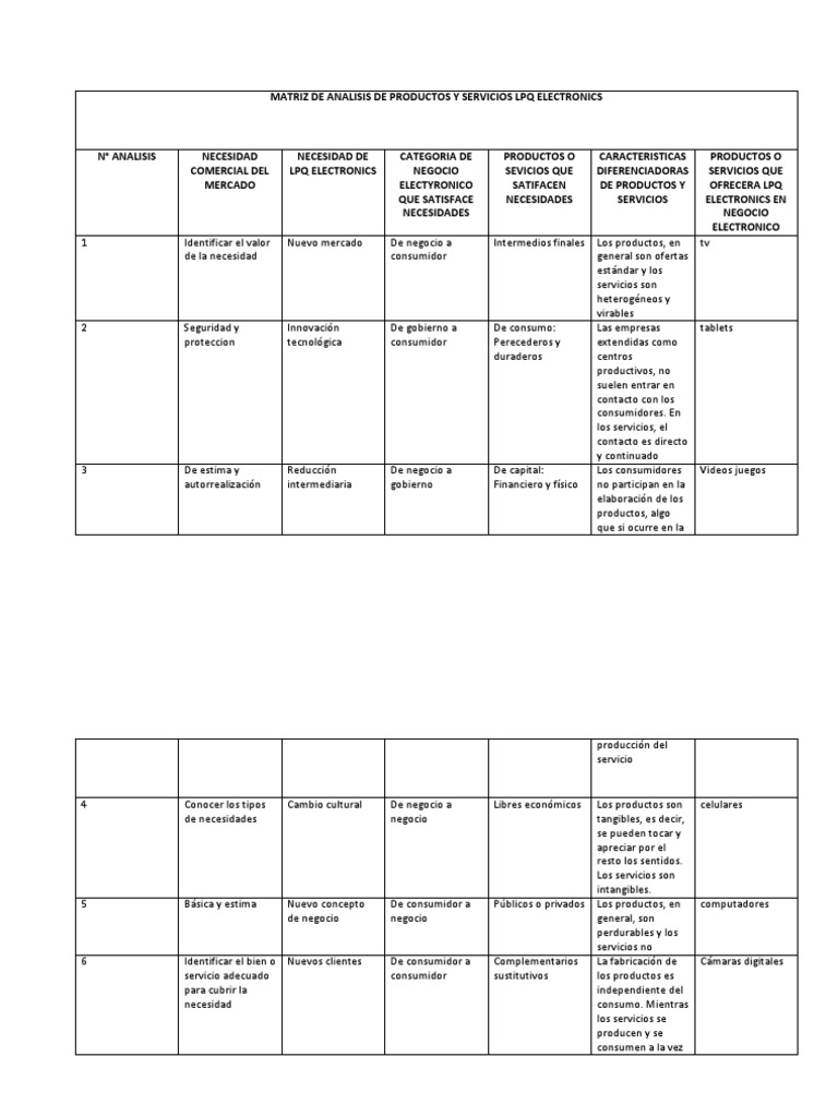 Matriz de Analisis de Productos y Servicios Lpq Electronics | Los ...