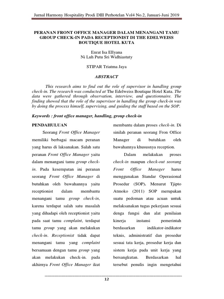 Peranan Front Office Manager Dalam Menangani Tamu Group Check-In Pada ...