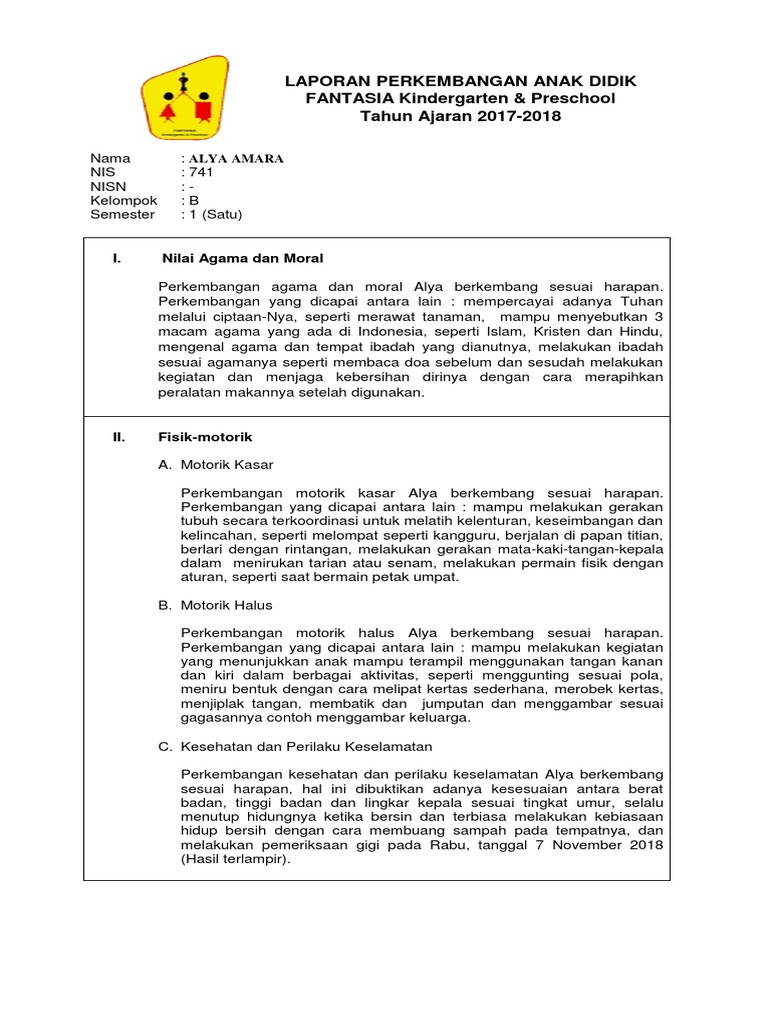 Contoh Raport Diknas TK B | PDF