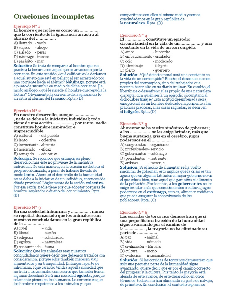 Ejercicios de Oraciones Incompletas | PDF | Science | Conocimiento