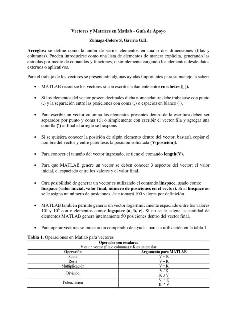 MatLab Vectores y Matrices | PDF | Matriz (Matemáticas) | Estructura de ...