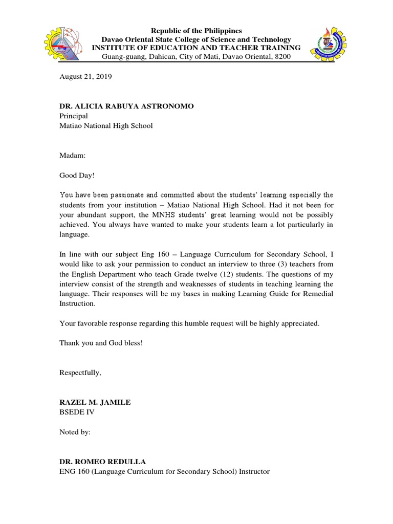 Letter For Approval (Principal) MSAT and Matiao | PDF | Curriculum ...