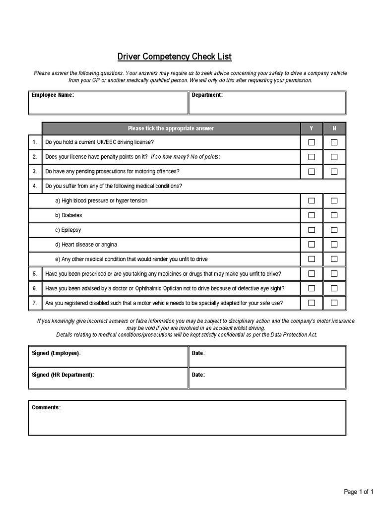 Driver Competency Checklist Phs | PDF