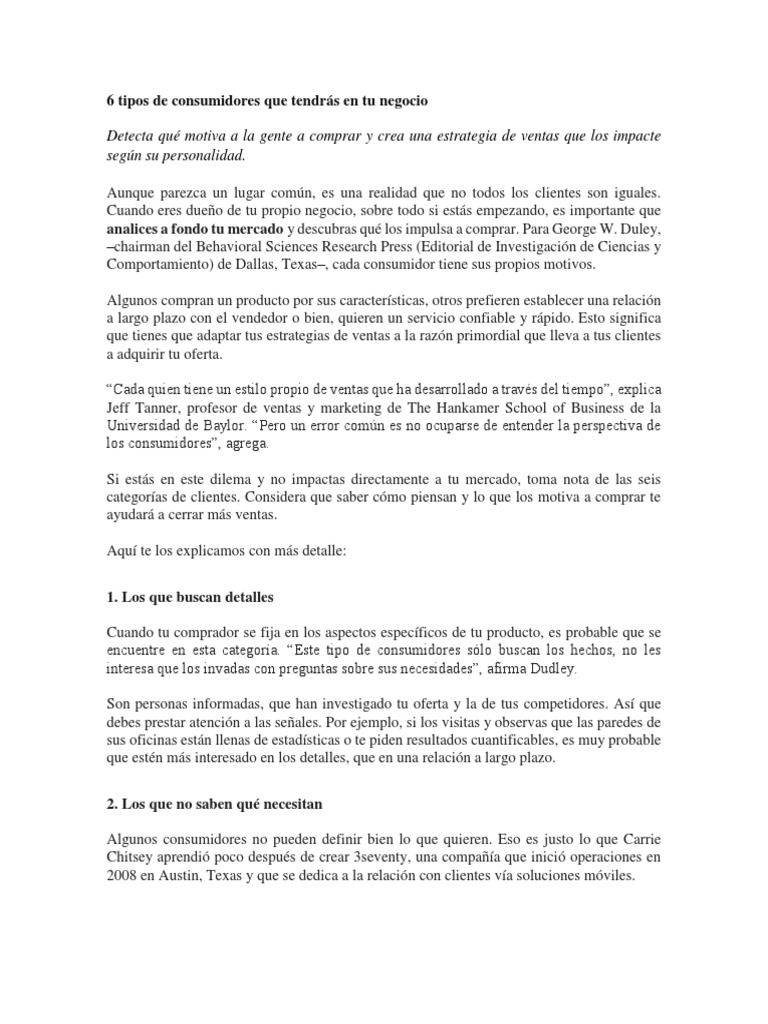 6 Tipos de Consumidores Que Tendrás en Tu Negocio | PDF | Cliente | Los ...