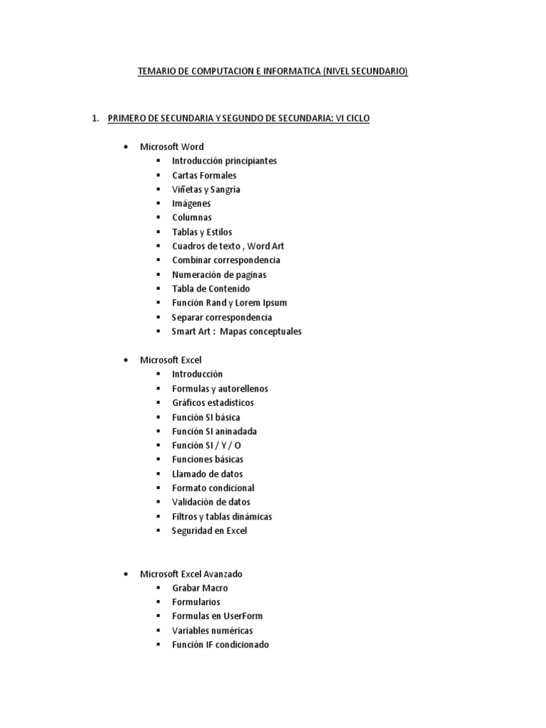 Temario de Computacion e Informatica | PDF | Microsoft Excel | Microsoft