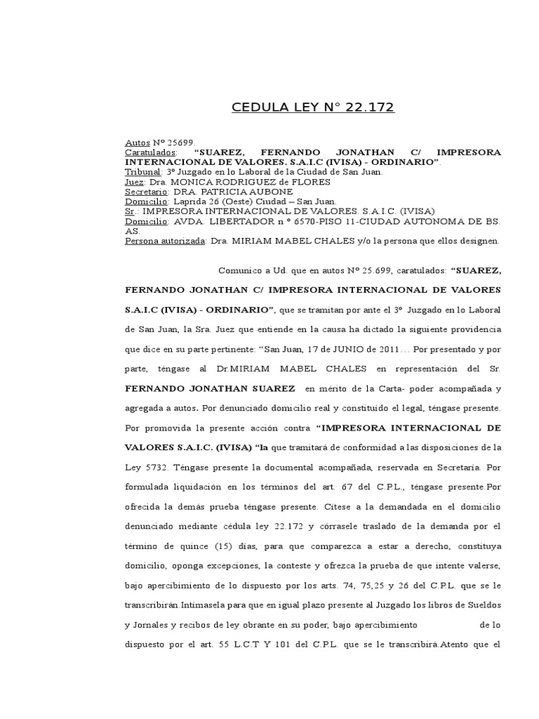 Cedula Ley 22172 | PDF | Demanda judicial | Ley Pública