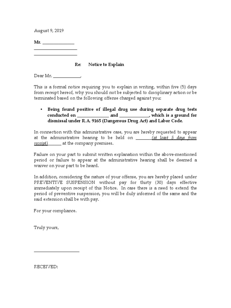 Notice to Explain Letter Drug Test Failure | PDF
