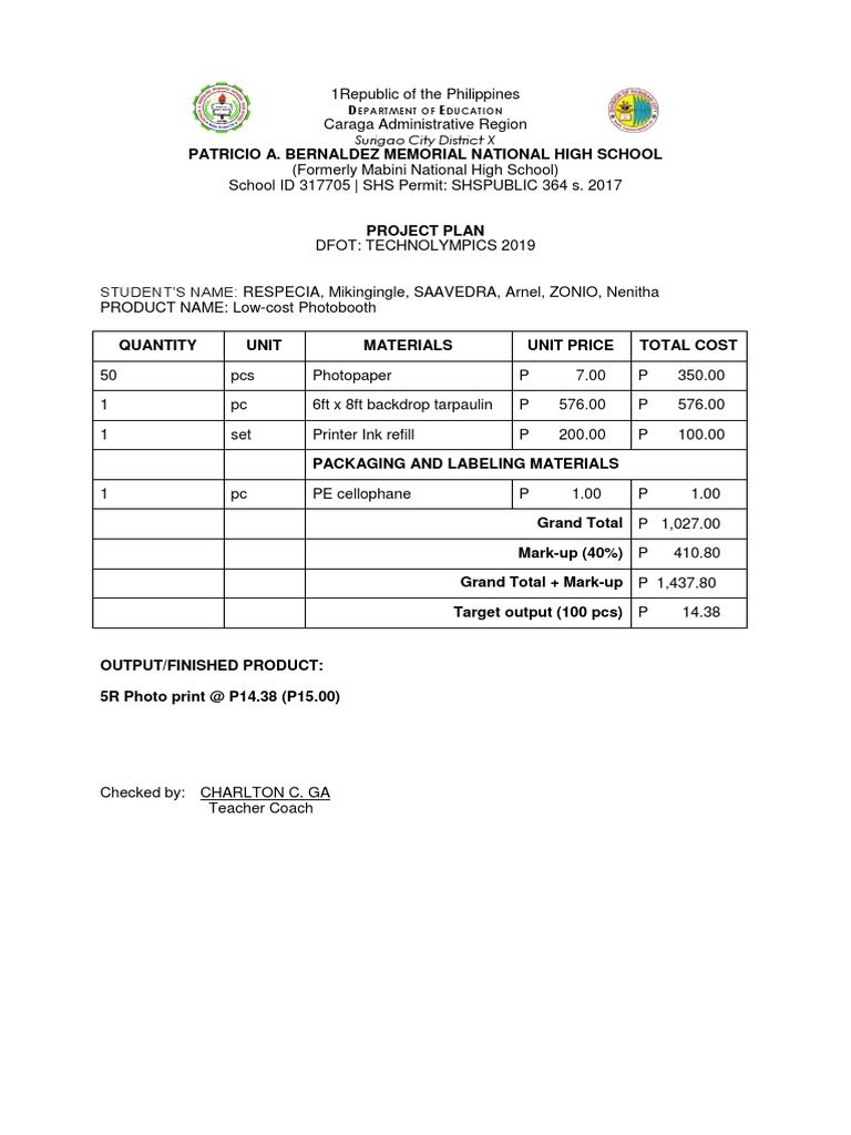 Project Plan Photobooth DFOT Technolympics 2019 | PDF