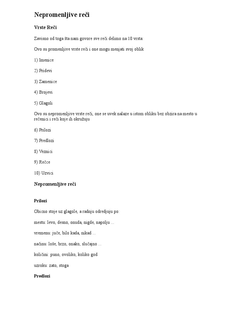 Nepromenljive PROMENLJIVE RECI Podsetnik | PDF
