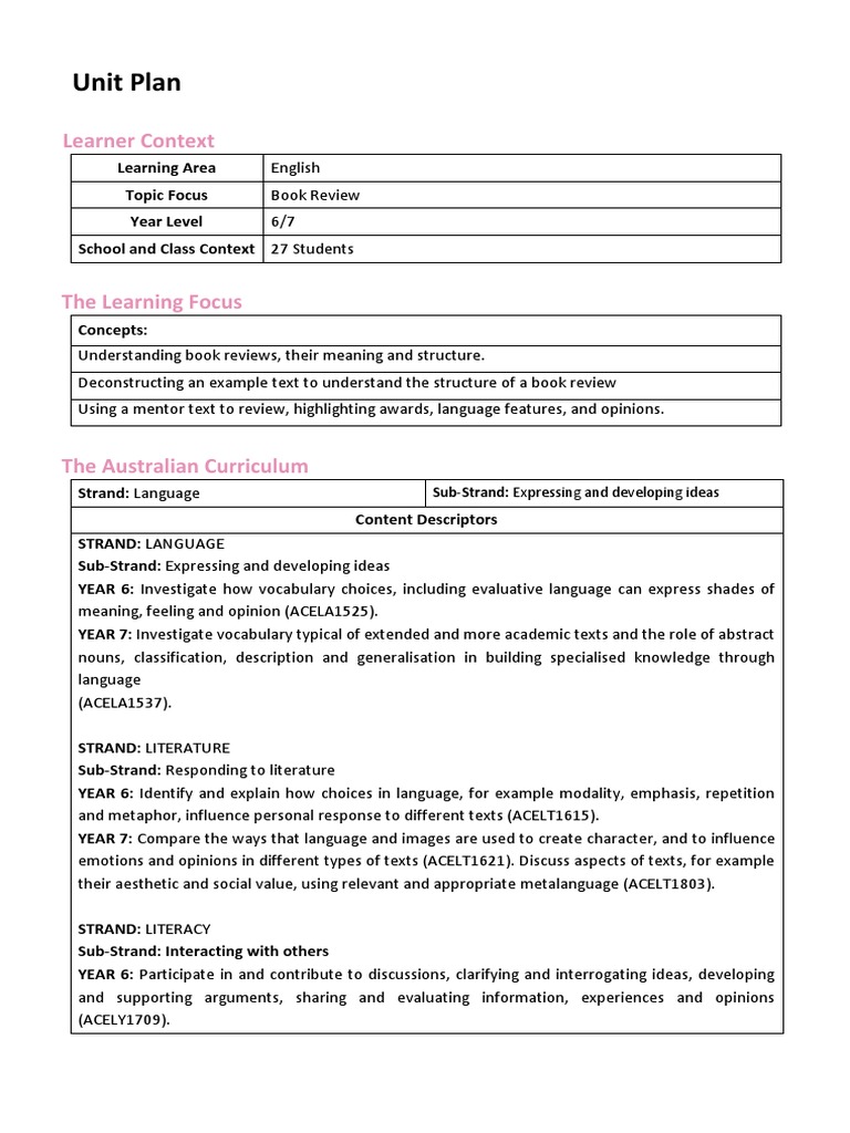 Unit Plan - English | PDF | Vocabulary | Books