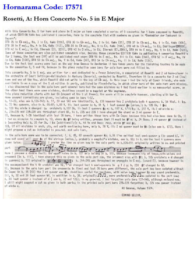 Rosetti, A: Horn Concerto No. 5 in E Major | PDF