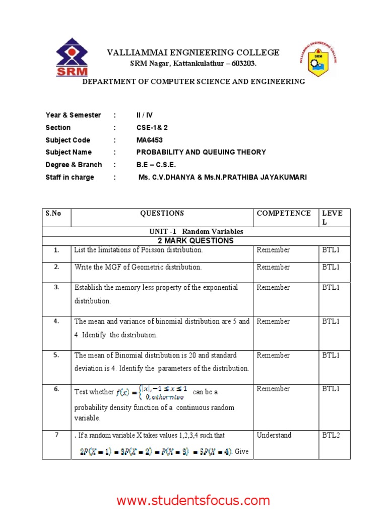 MA6453-Probability and Queuing Theory PQT IMPORTANT QUESTIONS | PDF | Markov Chain | Stochastic ...