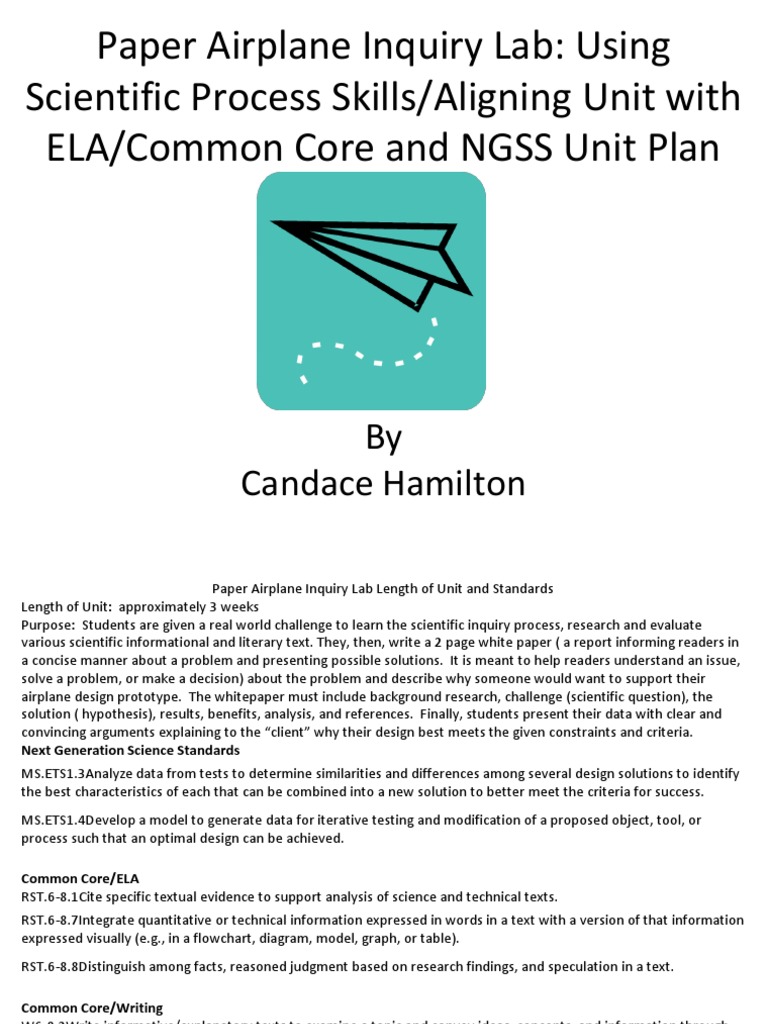 Paper Airplane Inquiry With ELA Unit Plan 2016 - C. Hamilton | PDF ...