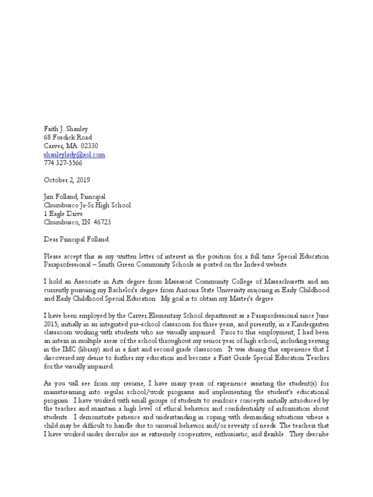 Special Education Paraprofessional Cover Letter | PDF | Special ...
