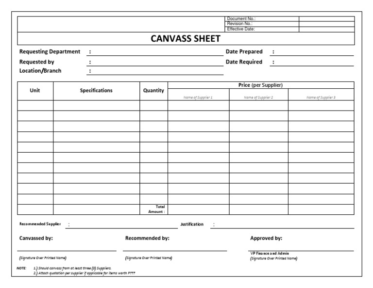 Canvass Sheet: Requesting Department: Date Prepared: Requested By: Date ...