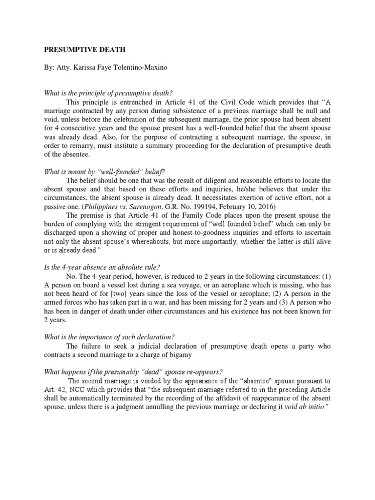 What Is The Principle of Presumptive Death? | PDF | Marriage ...