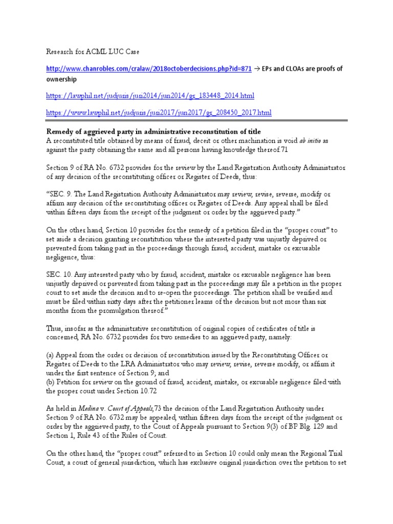 Remedy of Aggrieved Party in Administrative Reconstitution of Title ...