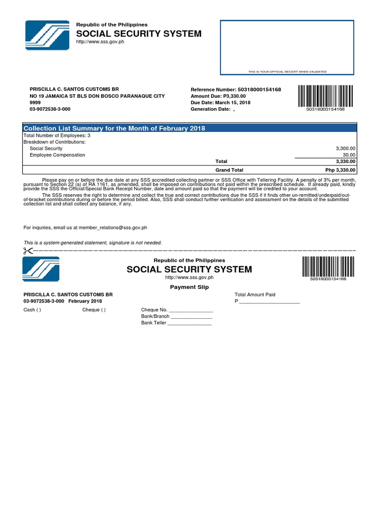 Social Security System: Collection List Summary For The Month of ...