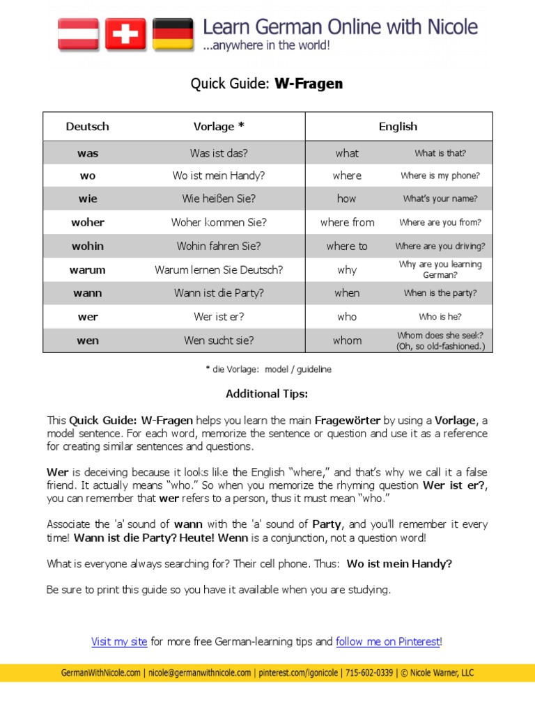 Quick Guide: W-Fragen: Deutsch Vorlage English Was Wo Wie Woher Wohin ...
