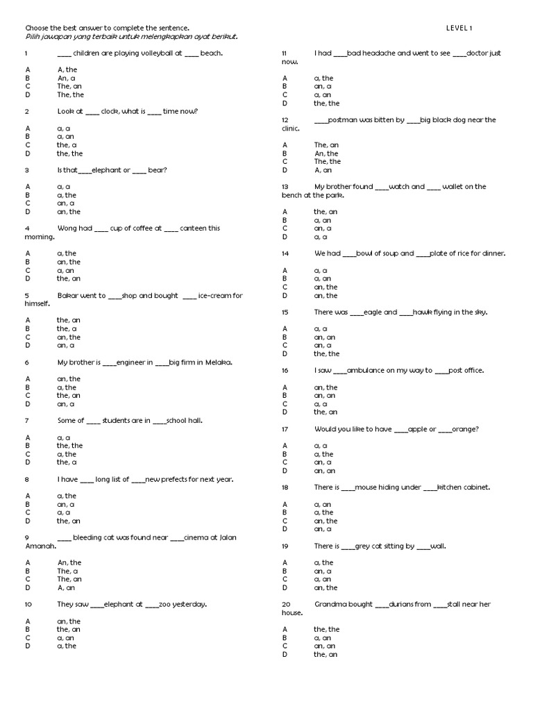 Exercise Articles Grammar Year 4 | PDF | Baked Goods | Food And Drink ...