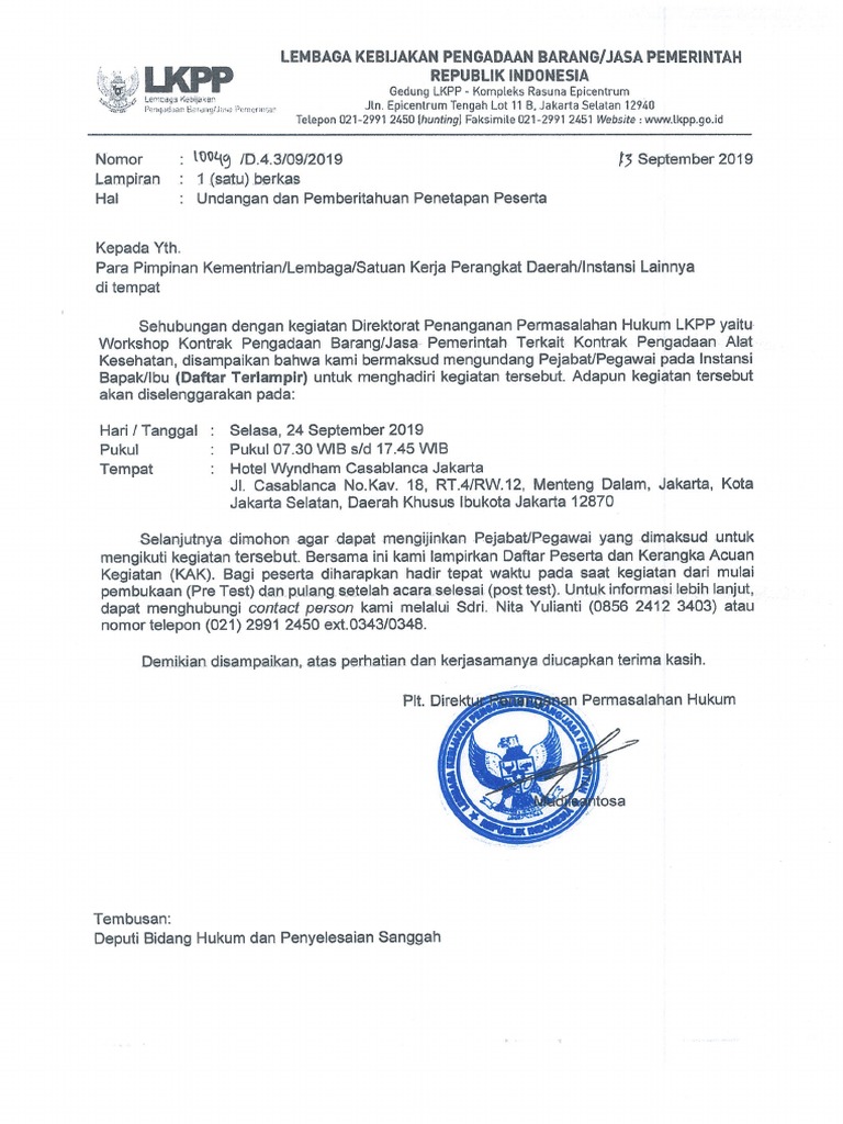 Contoh Surat Penetapan Workshop Kontrak Pengadaan Alat Kesehatan - LKPP | PDF