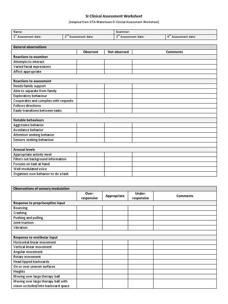 Ota Watertown Si Clinical Assessment Worksheet | PDF | Somatosensory ...