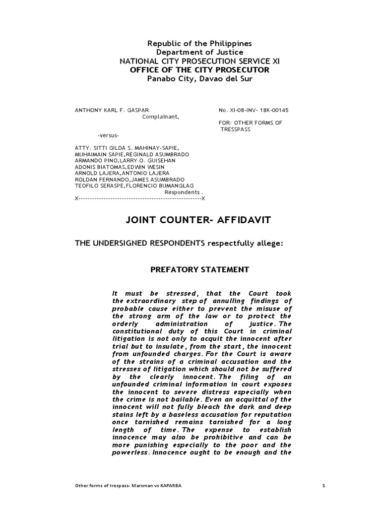 Counter Affidavit - Other Forms of Tresspass | PDF | Prosecutor | Trespass