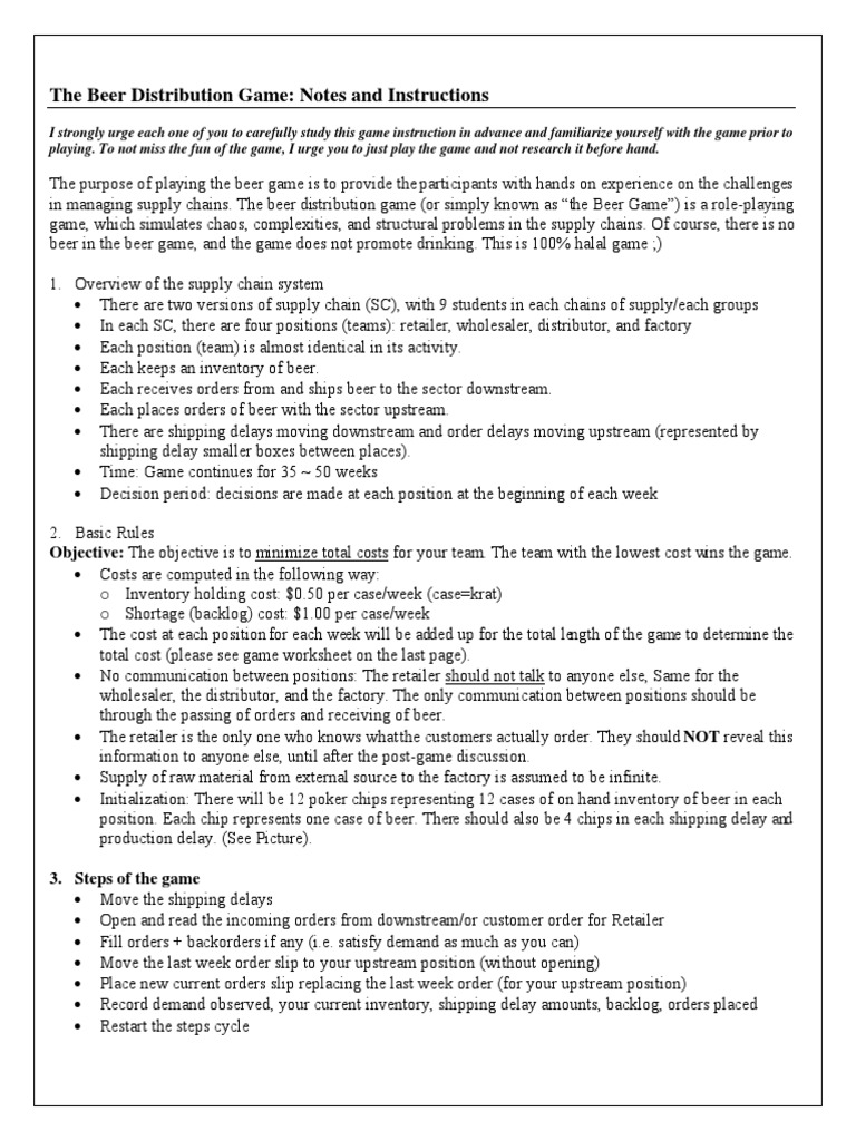 The Beer Distribution Game: Notes and Instructions: Objective | PDF ...