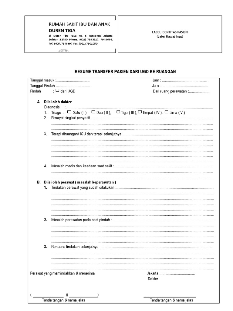 Formulir Resume Transfer Pasien Dari Ugd Ke Ruangan | PDF