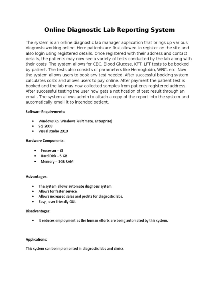 Online Diagnostic Lab Reporting System: Software Requirements | PDF