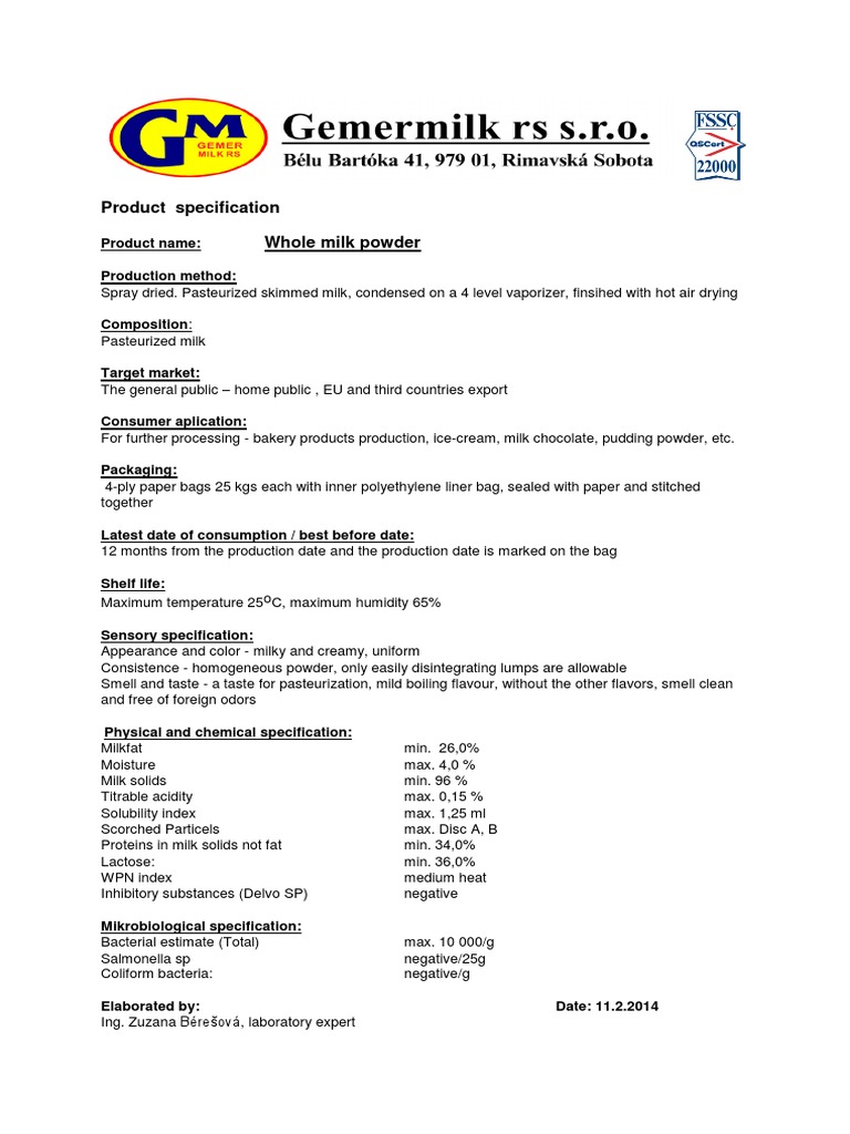 Product Specification Whole Milk Powder | PDF