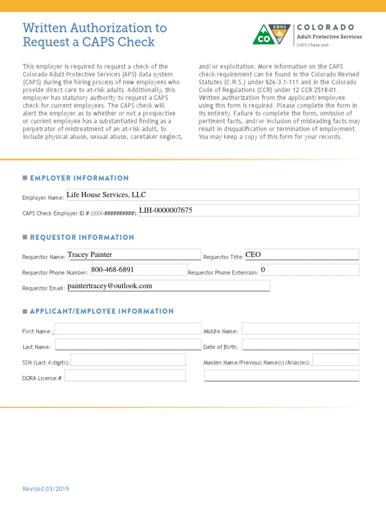 CAPS Check Authorization Form | PDF | Employment | Government