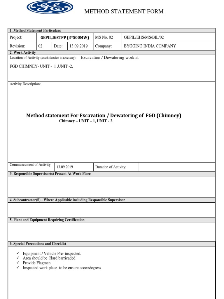 Method Statement Form Method Statement For Excavation Dewatering Of Fgd Chimney Download