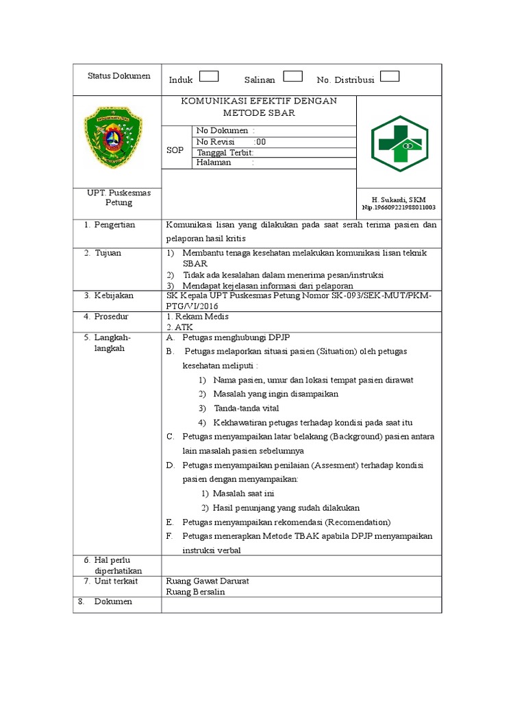 SOP Komunikasi Efektif Dengan Metode SBAR | PDF SOP Komunikasi Efektif Dengan Metode SBAR | PDF