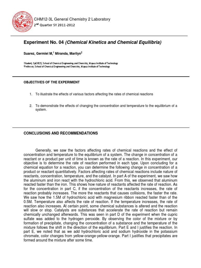 Experiment No. 04 (Chemical Kinetics and Chemical Equilibria) | PDF ...