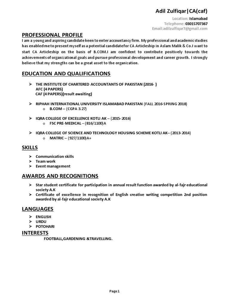 CV For CA Articleship | PDF