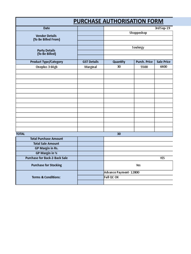 Purchase Authorisation Form: 3rd Sep-19 Shoppeshop | PDF | Business ...